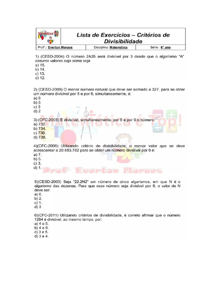 Atividade Critérios de Divisibilidade | PDF