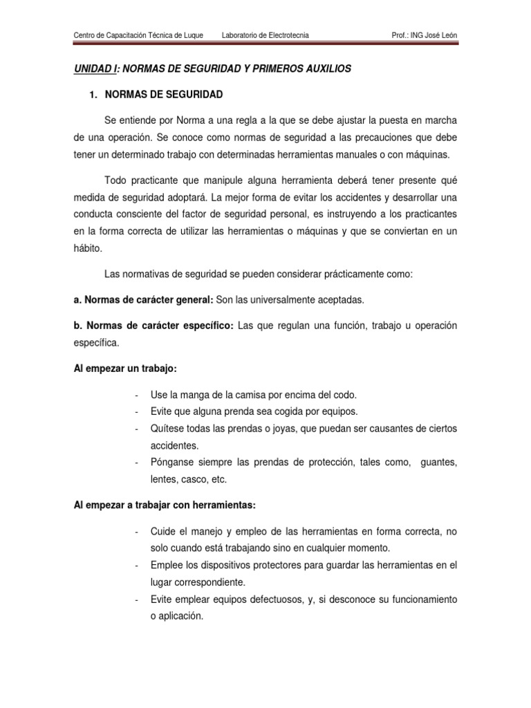 Normas de Seguridad y Primeros Auxilios | Descargar gratis PDF | Laboratorios | Ingenieria Eléctrica