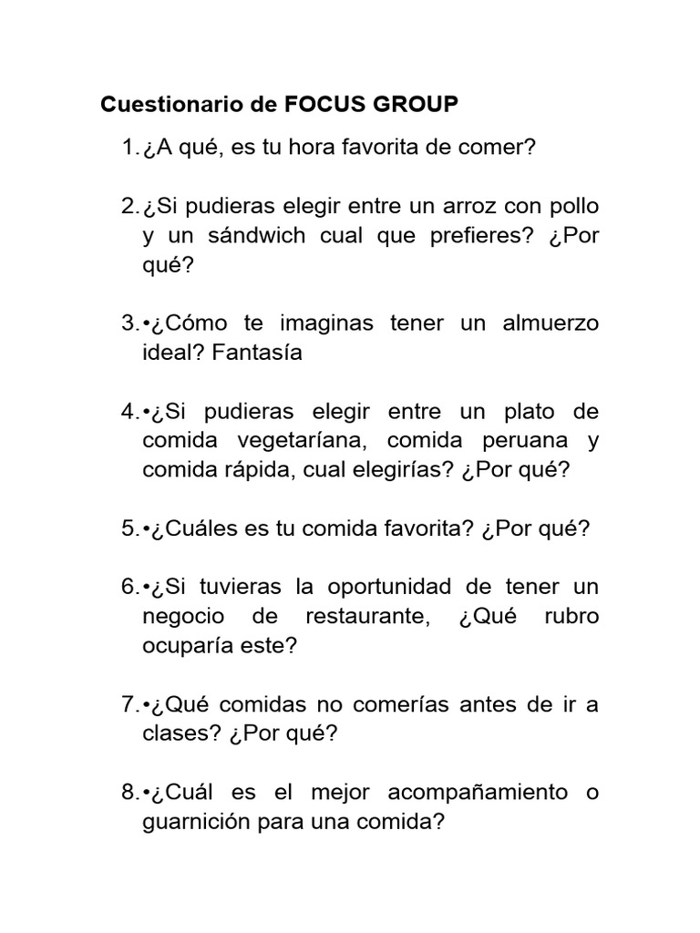 Cuestionario de FOCUS GROUP[1] | PDF | Metodología de encuesta | Cuestionario