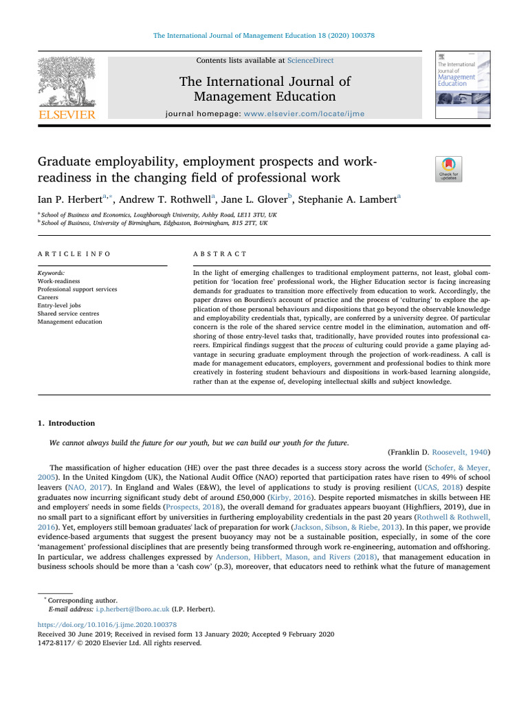 Graduate Employability, Employment Prospects and Workreadiness in The ...