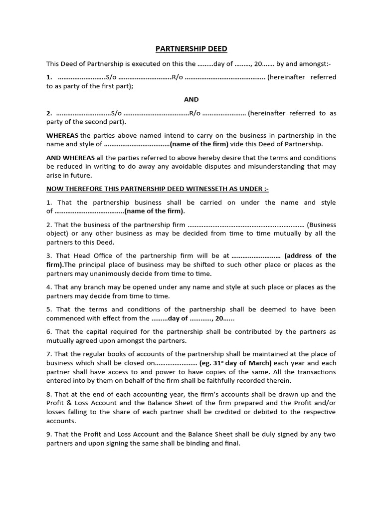 Draft Partnership Deed | Download Free PDF | Partnership | Mergers And ...