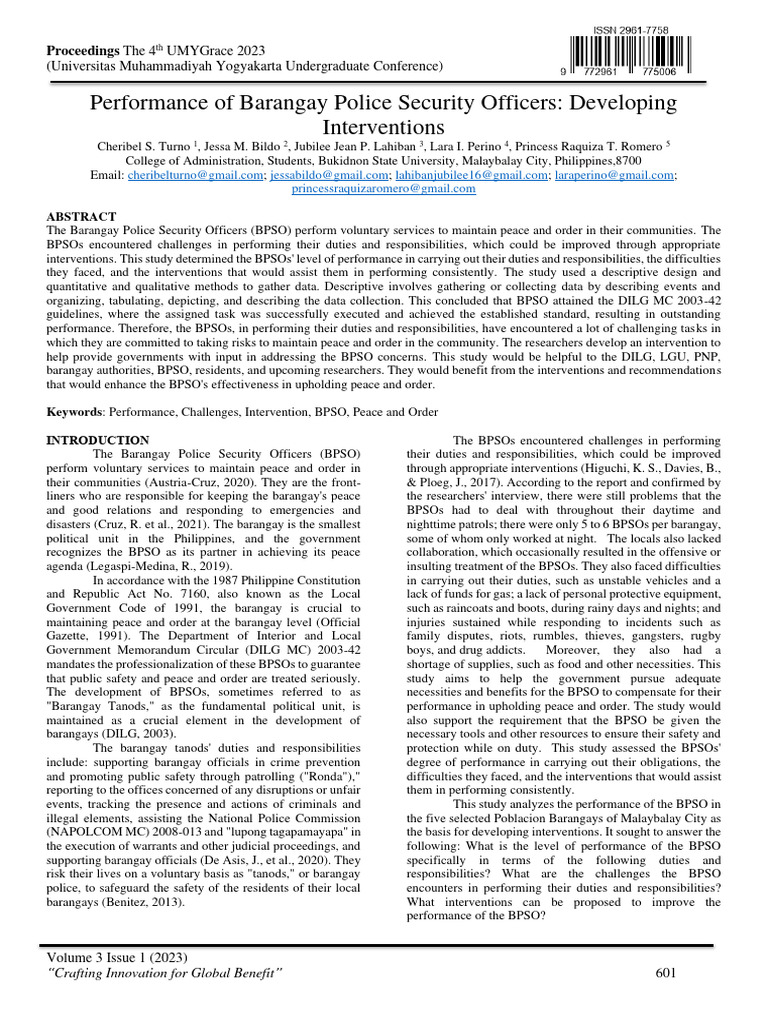 Performance of Barangay Police Security Officers: Developing ...