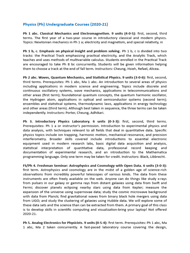 Caltech Physics Undergraduate Curriculum 2020-21 | PDF | Physics ...