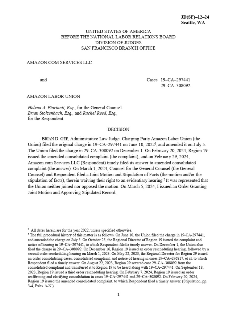 NLRB Administrative Law Judge on Amazon CEO union comments | PDF ...