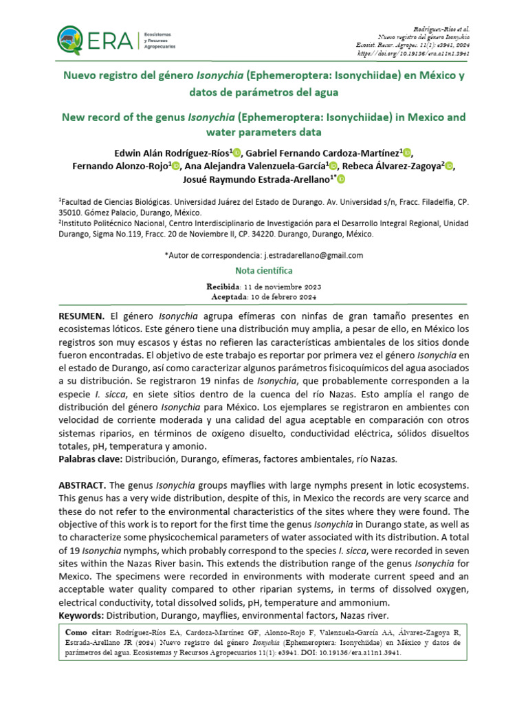 Nuevo registro del género Isonychia (Ephemeroptera Isonychiidae) en México y datos de parametros ...
