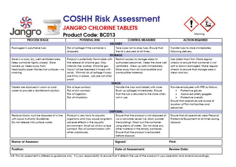 COSHH Risk Assessment for Chlorine Tablets | PDF | Chlorine | Personal ...