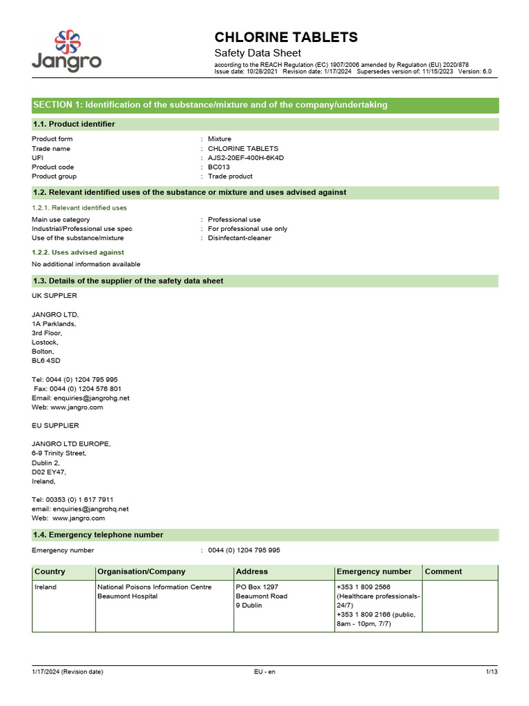 Sds Jangro Chlorine Tablets Bc013 09-02-2024 | PDF | Dangerous Goods ...