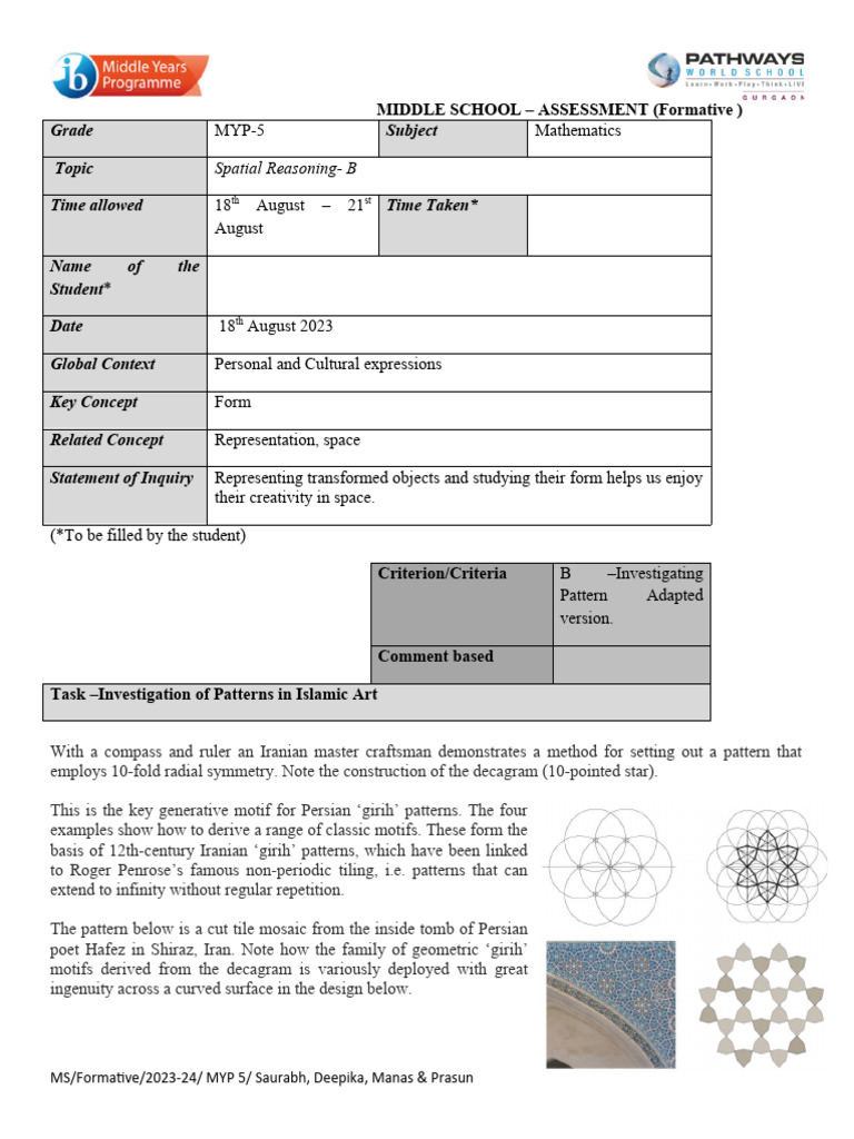 MYP-5 Math: Islamic Art Patterns | PDF | Pattern