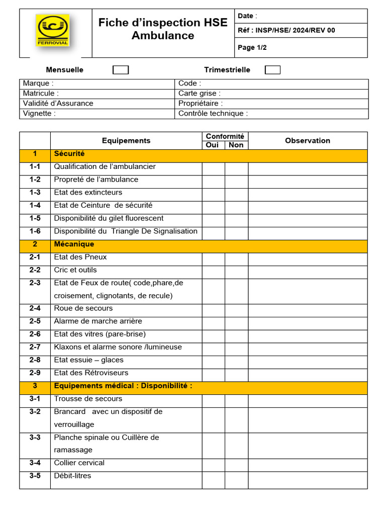 Fiche d'inspection HSE Ambulance 2024 | PDF | Services médicaux d ...