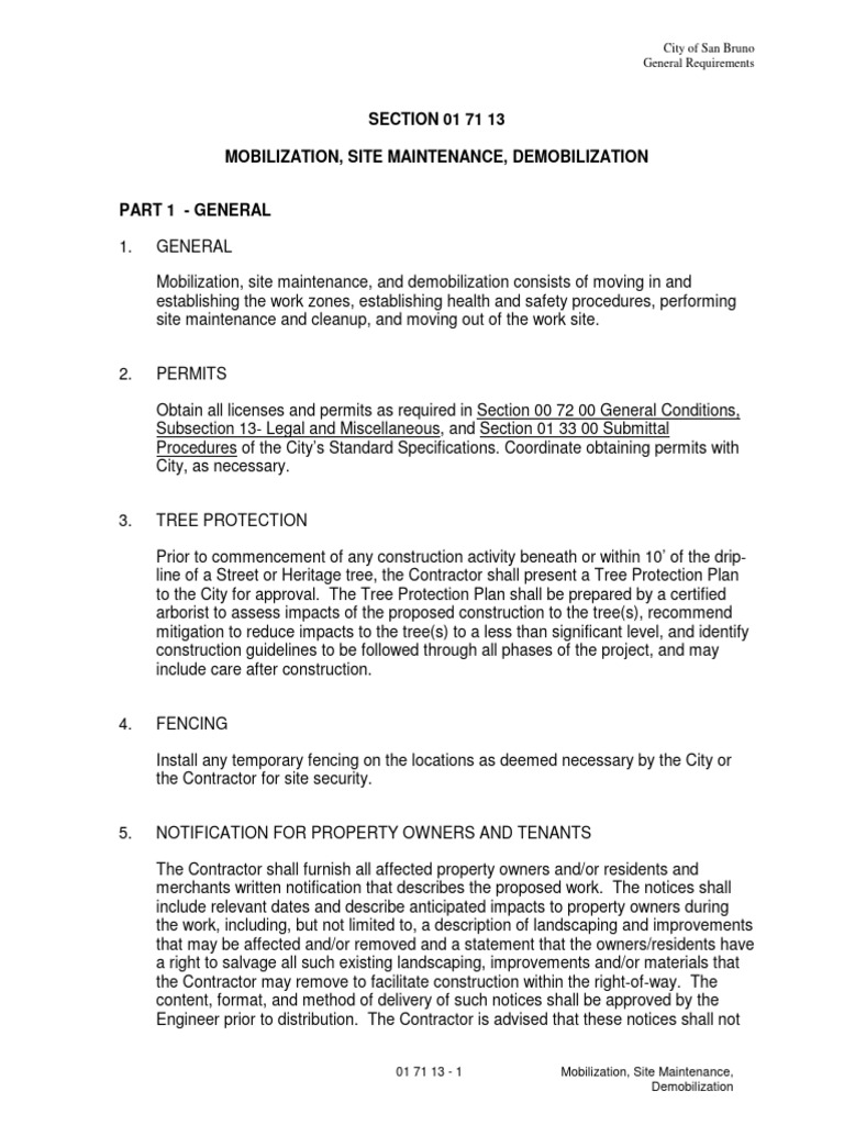 01 71 13 Mobilization Maintenance Demob PDF | PDF | General Contractor ...