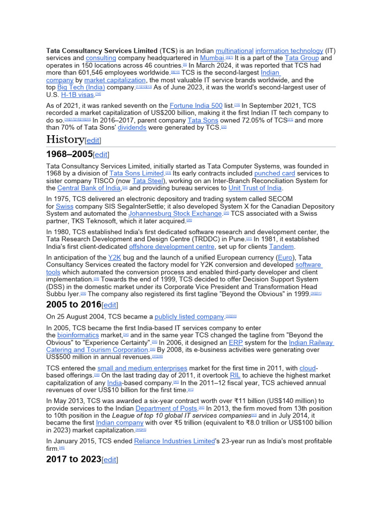 Overview of Tata Consultancy Services | PDF | Economies | Companies