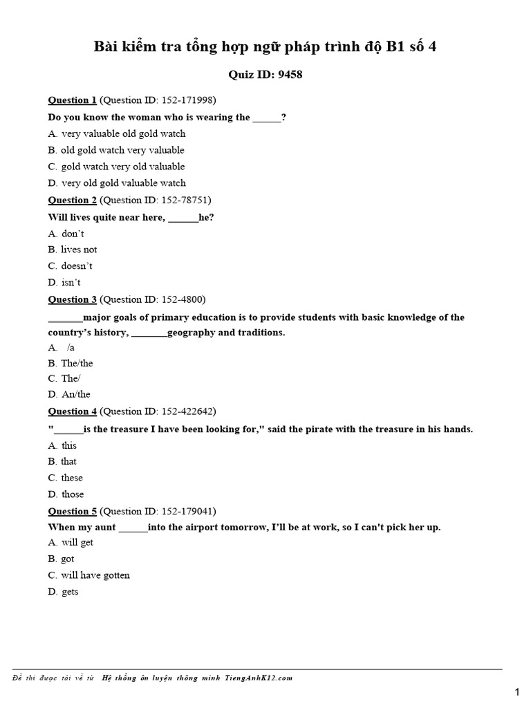 Bai Kiem Tra Tong Hop Ngu Phap Trinh Do b1 So 4 | PDF