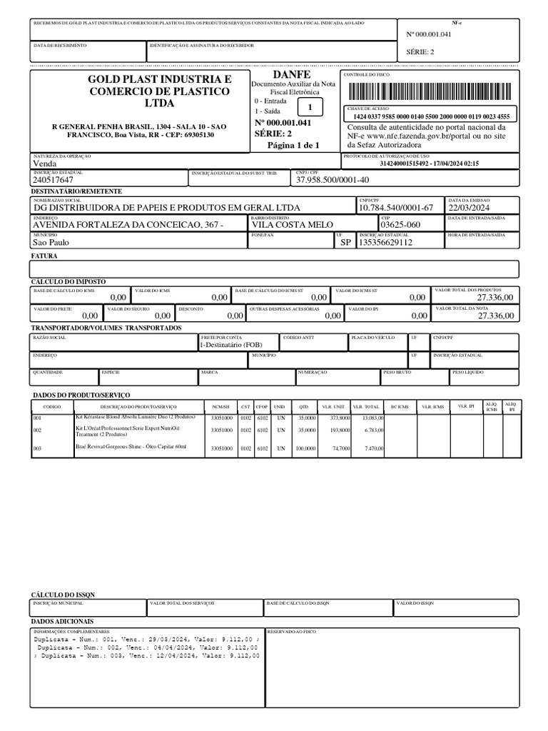 NF 000.001.041 Gold Plast 22-03-24 | PDF | Recibo | Marketing
