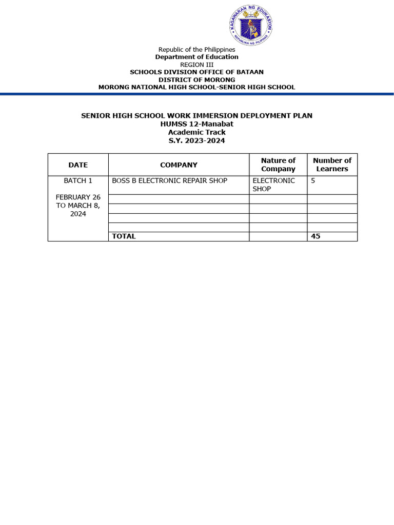 WORK-IMMERSION-DEPLOYMENT-PLAN-S.Y.-2023-2024-template | PDF