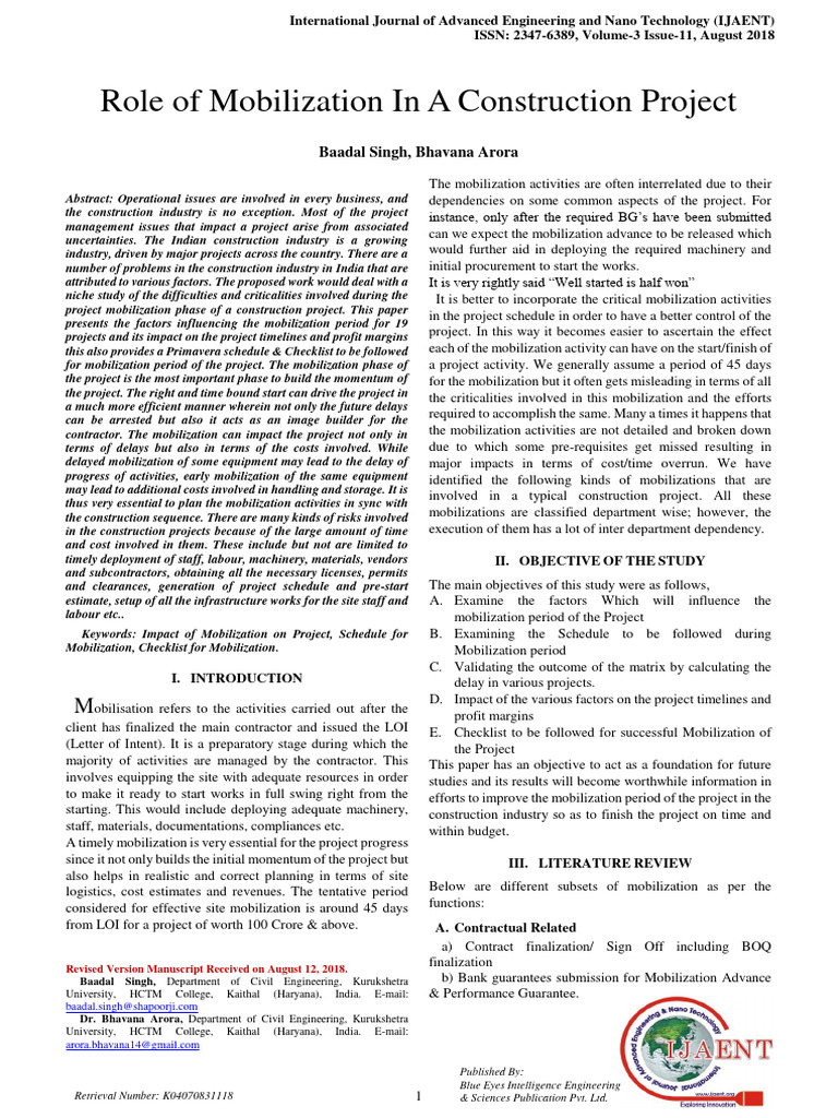 Role of Mobilization in A Construction Project: Baadal Singh, Bhavana ...