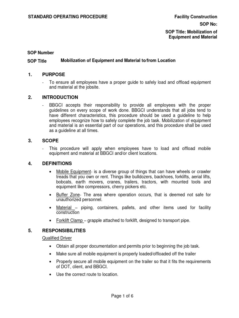 Equipment Mobilization SOP Guide | PDF | Forklift | Trailer (Vehicle)