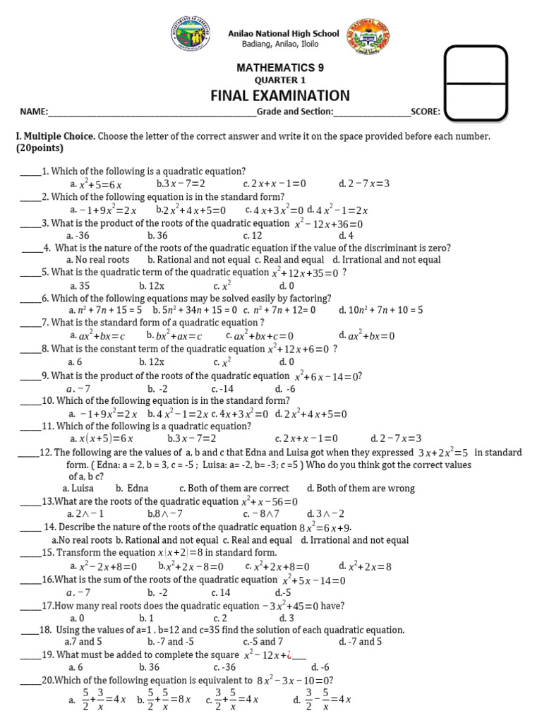 Final Exam Math | PDF | Quadratic Equation | Equations