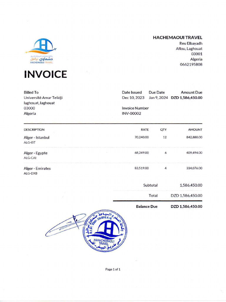 Travel Invoice for Universite Amar Telidji | PDF