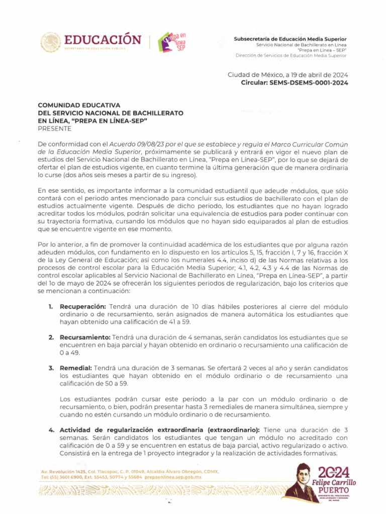 Circular SEMS-DSEMS-0001-2024 - Periodos de Regularización 19 04 2024 | PDF