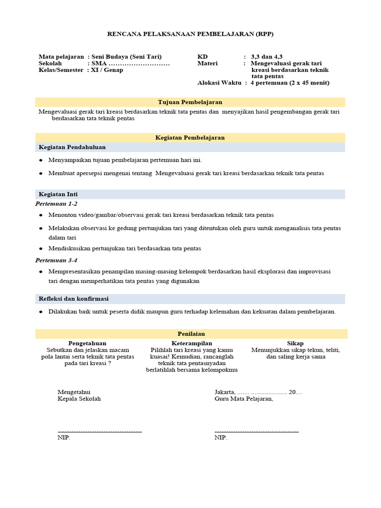 RPP Mengevaluasi Gerak Tari Kreasi Berdasarkan Teknik Tata Pentas | PDF ...