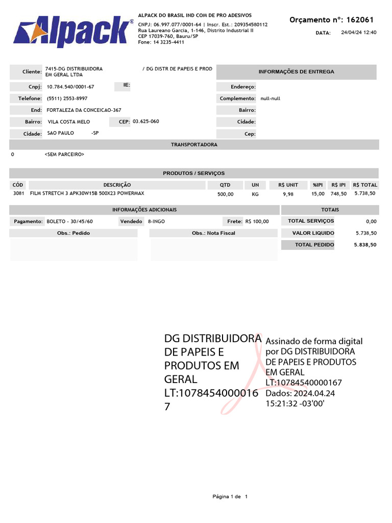 Orçamento Alpack do Brasil - Bauru | PDF