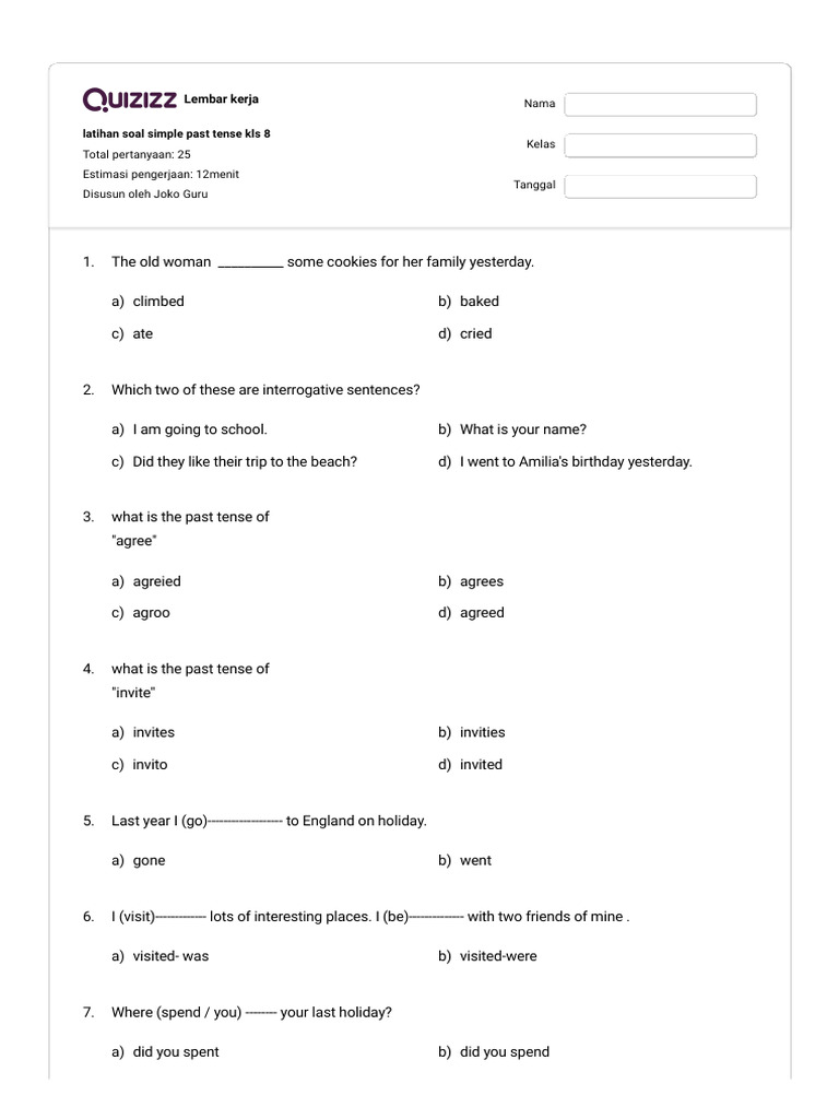 latihan soal simple past tense kls 8 | PDF
