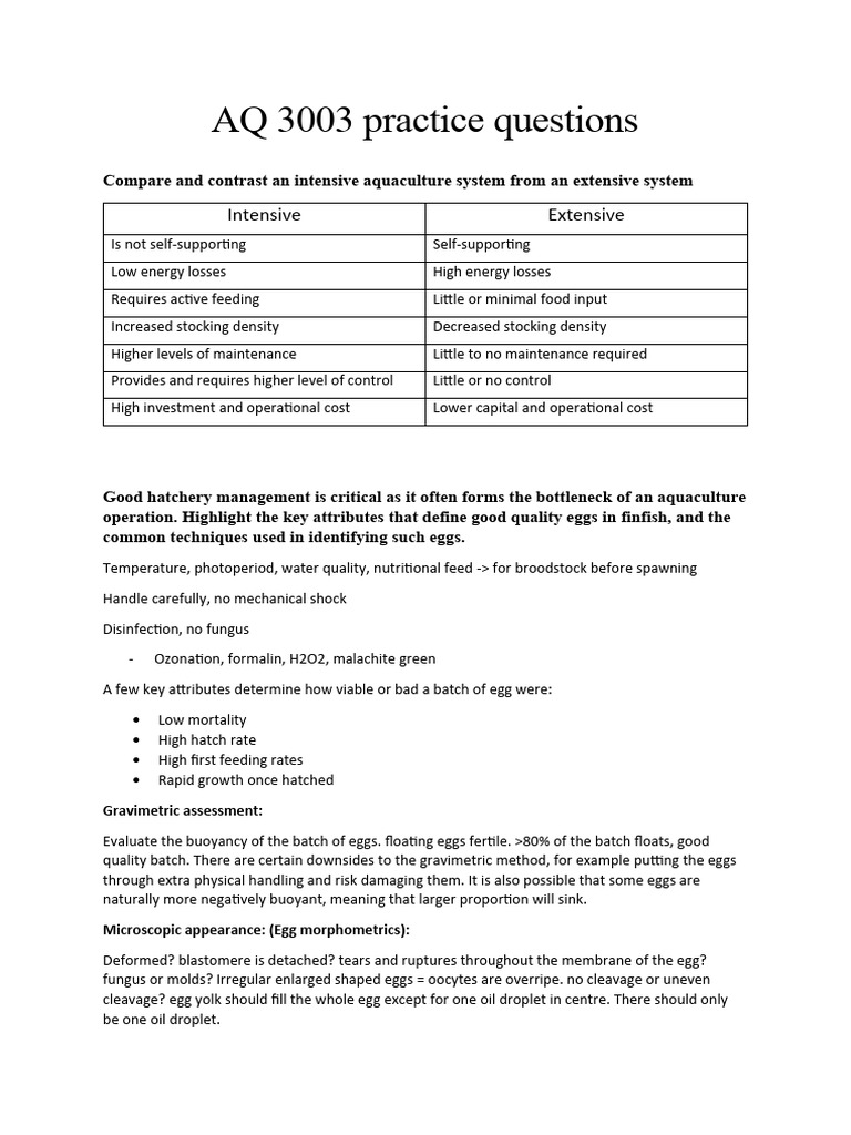 1 AQ 3003 practice questions | PDF | Spawn (Biology) | Egg