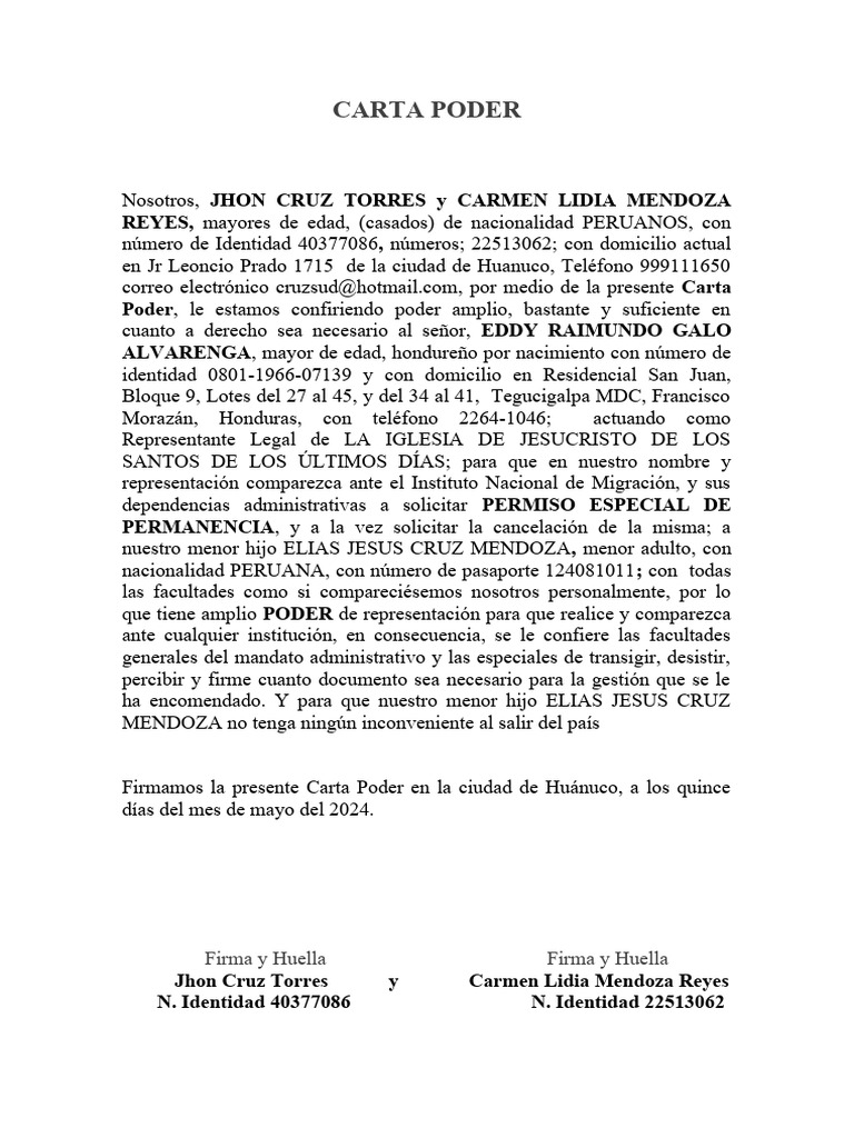 Modelo de Carta Poder para Viaje de Menor Al Extranjero | PDF