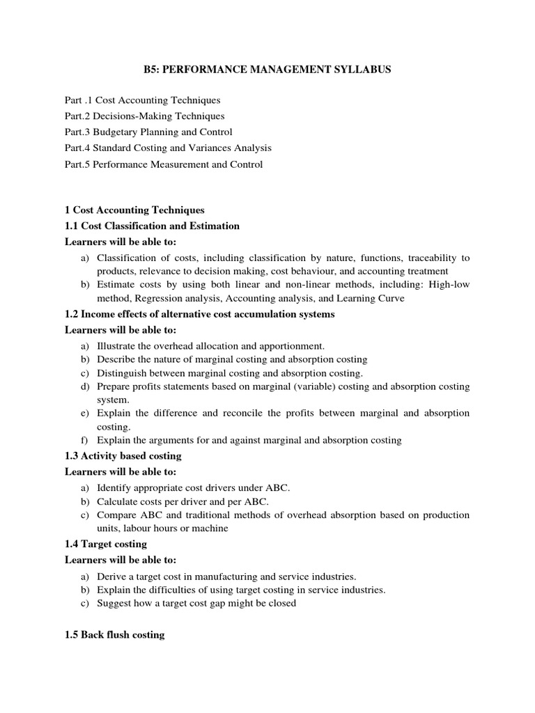 Performance Management Syllabus | PDF | Cost Accounting | Pricing