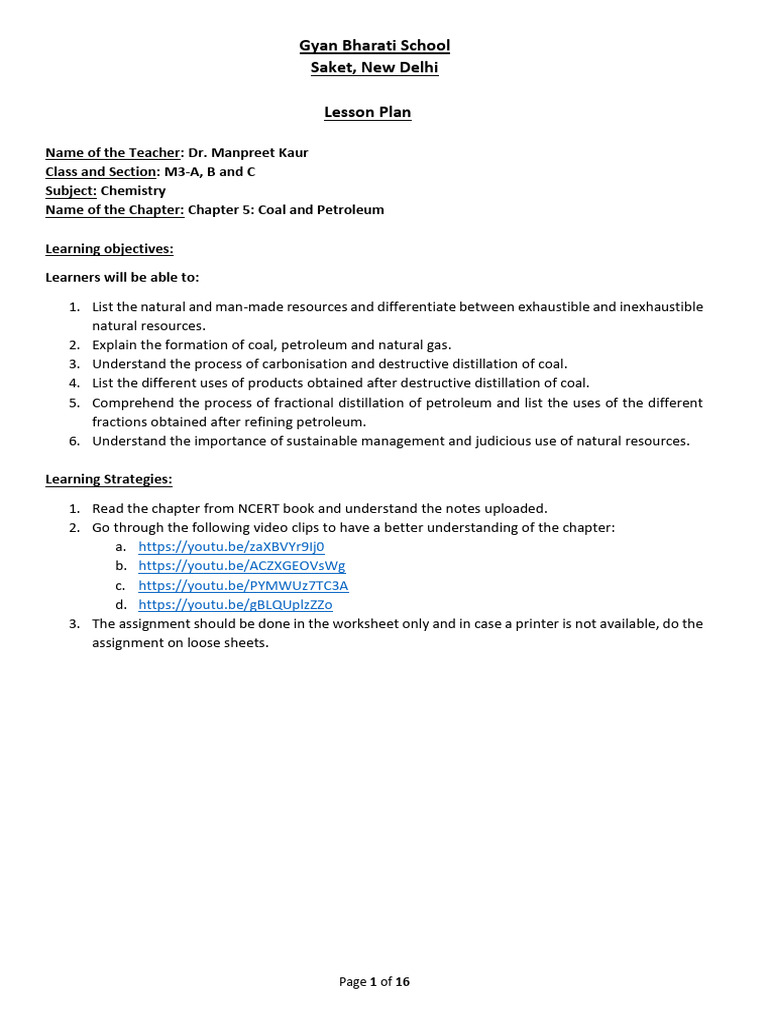 Chapter 5 Coal and Petroleum Lesson Plan | PDF | Petroleum | Fuels