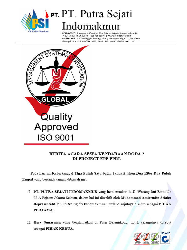 Berita Acara Sewa Motor | PDF