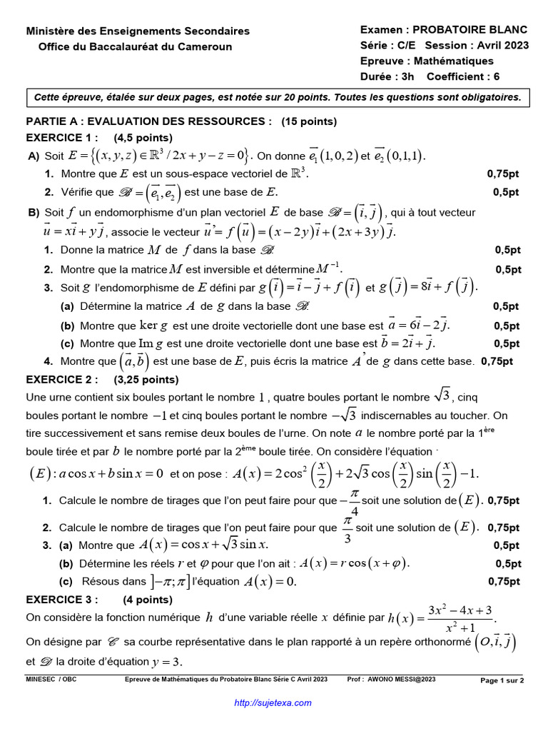Sujet Mathematiques - (Probatoire Blanc+corrigé) - Serie C, e - Avril ...
