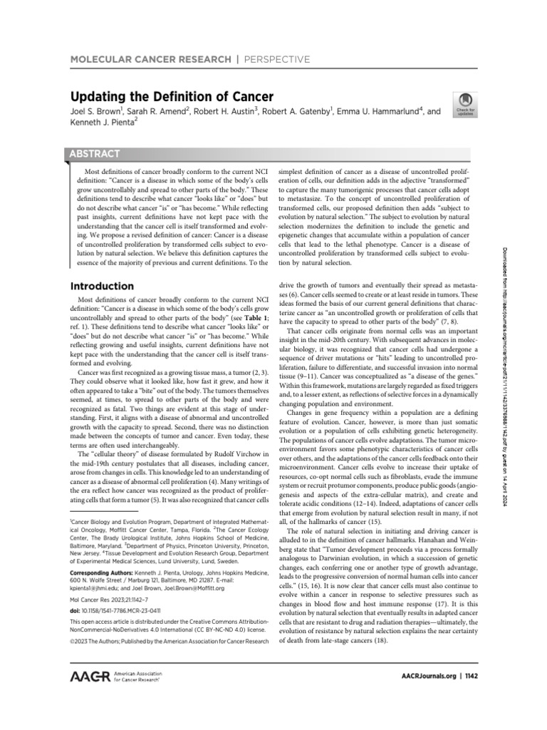 Updating The Definition of Cancer | PDF | Metastasis | Cancer