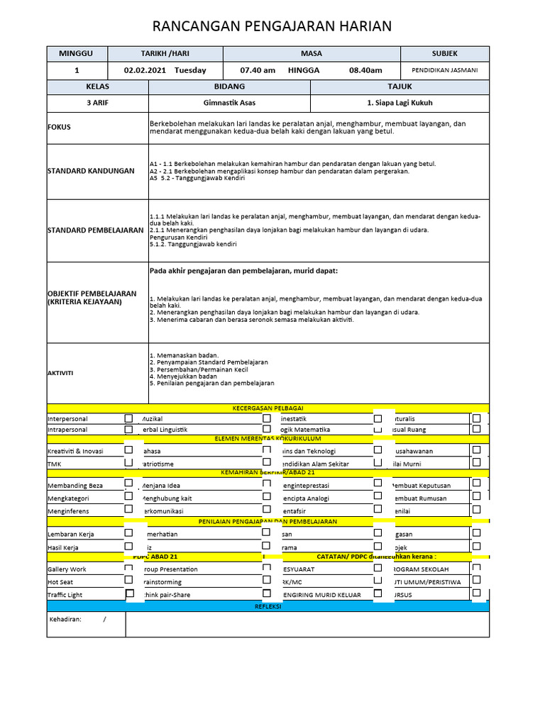 RPH 2019 KSSR Tahun 6 Pendidikan Jasmani | PDF