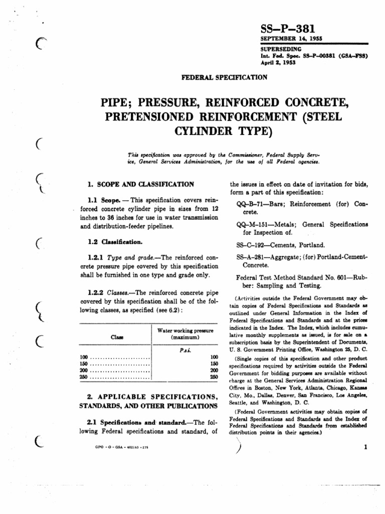US Spec SS-P-381 1955 - Pipe Pressure Reinforced Concrete Pretensioned ...