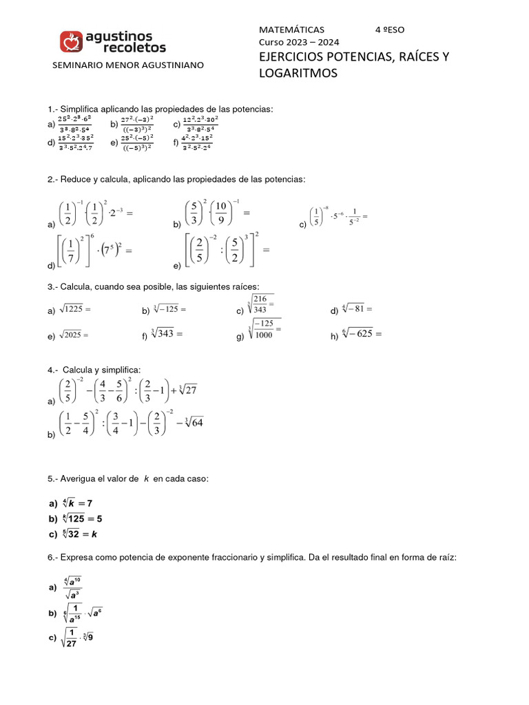 Ejercicios Potencias, Raices y Logaritmos | PDF | Logaritmo | Exponenciación