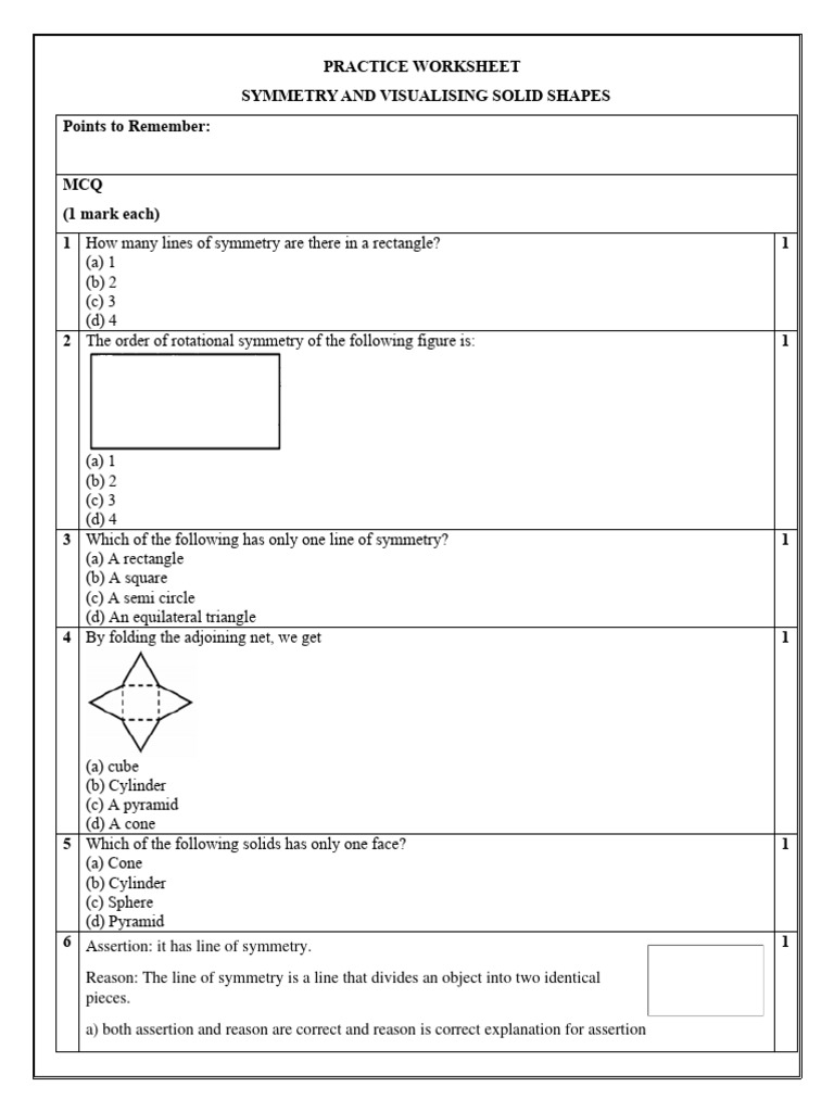 Class 7 Symmetry Practice Worksheet | PDF | Shape | Polytopes