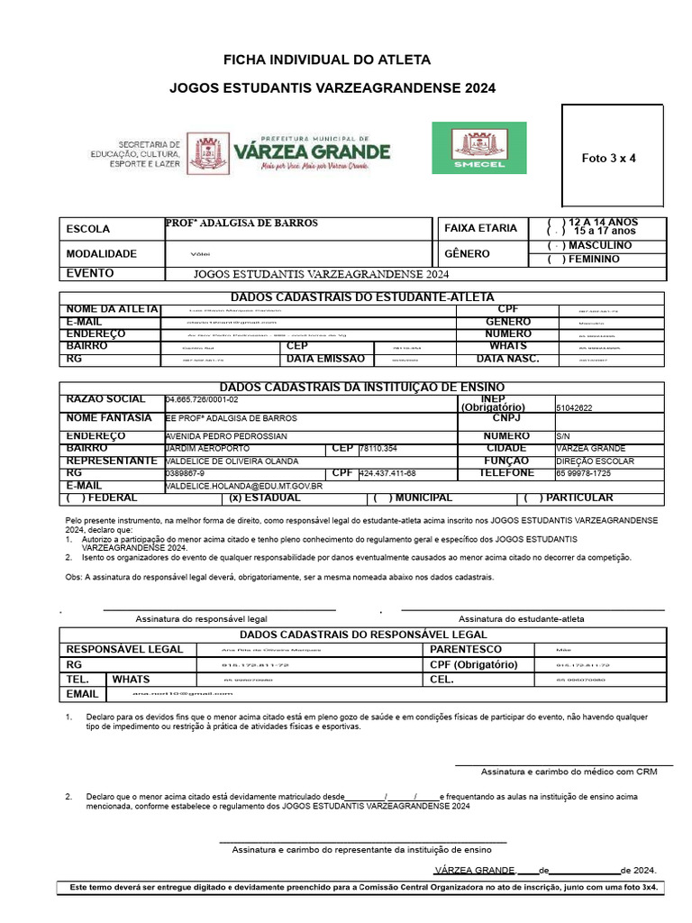 Ficha de Atleta - Jogos Estudantis 2024 | PDF Ficha de Atleta - Jogos Estudantis 2024 | PDF