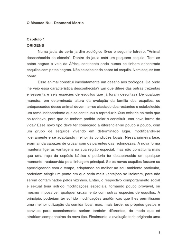 O Macaco Nu - Desmond Morris - Cap. I - Origens | PDF | Cães | Gatos