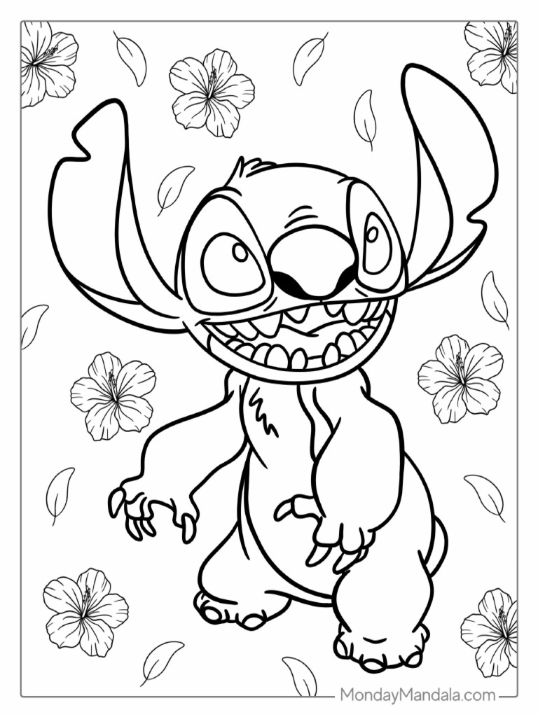 Simple Outline of Stitch With Flowers To Color | PDF