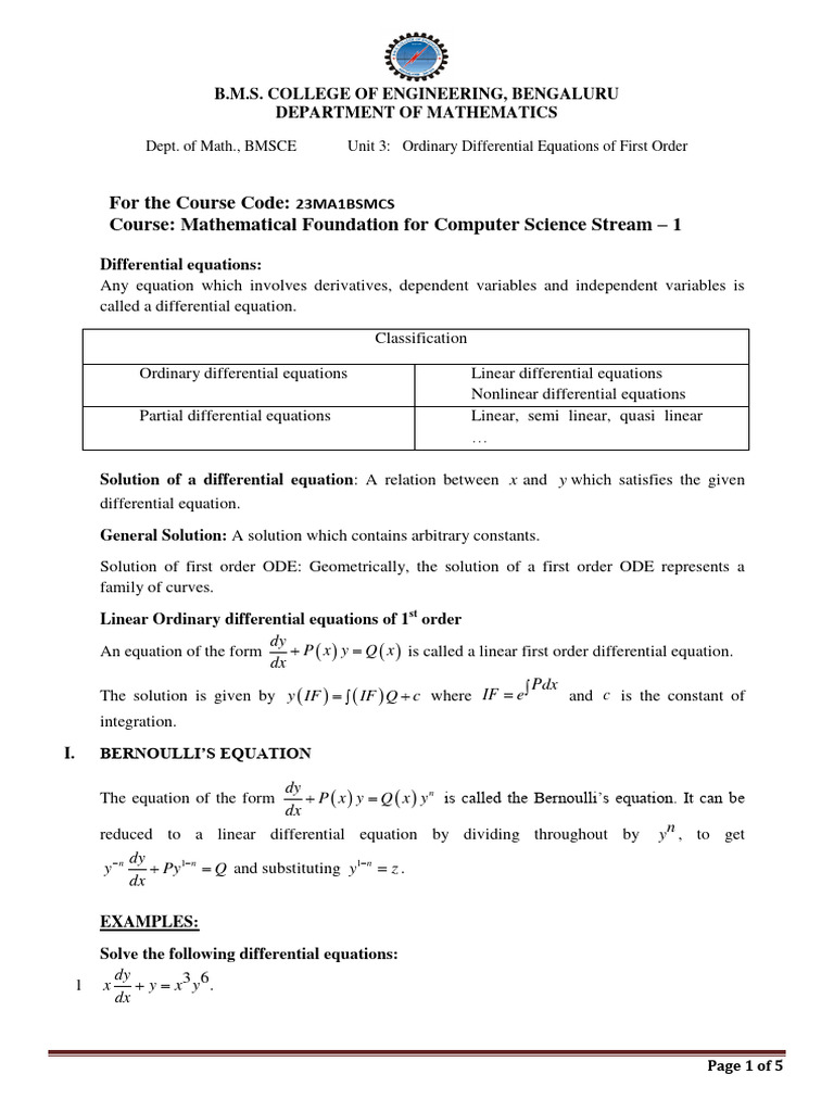 23MA1BSMCS UNIT 3 - Ordinary Differential Equations of First Order ... 23MA1BSMCS UNIT 3 - Ordinary Differential Equations of First Order ...