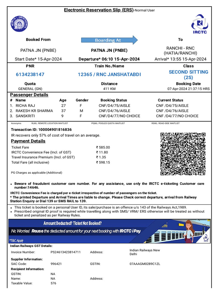 RNC Janshatabdi Second Sitting (2S) | PDF | Identity Document