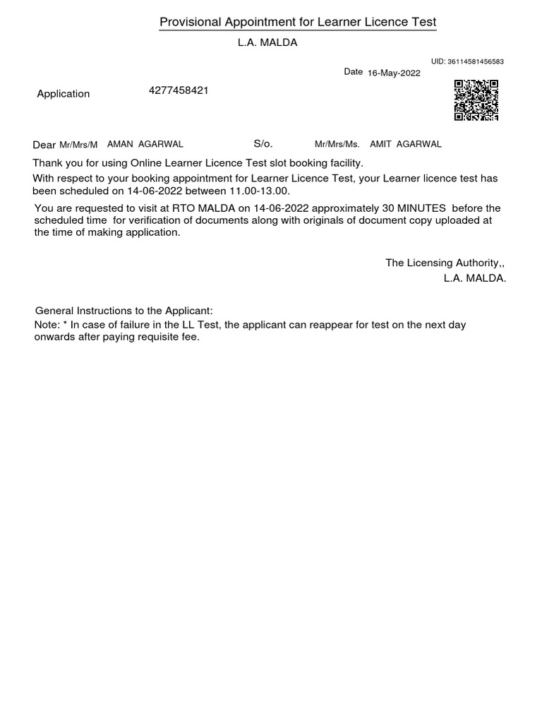 Provisional Appointment For Learner Licence Test: 16-May-2022 Date | PDF