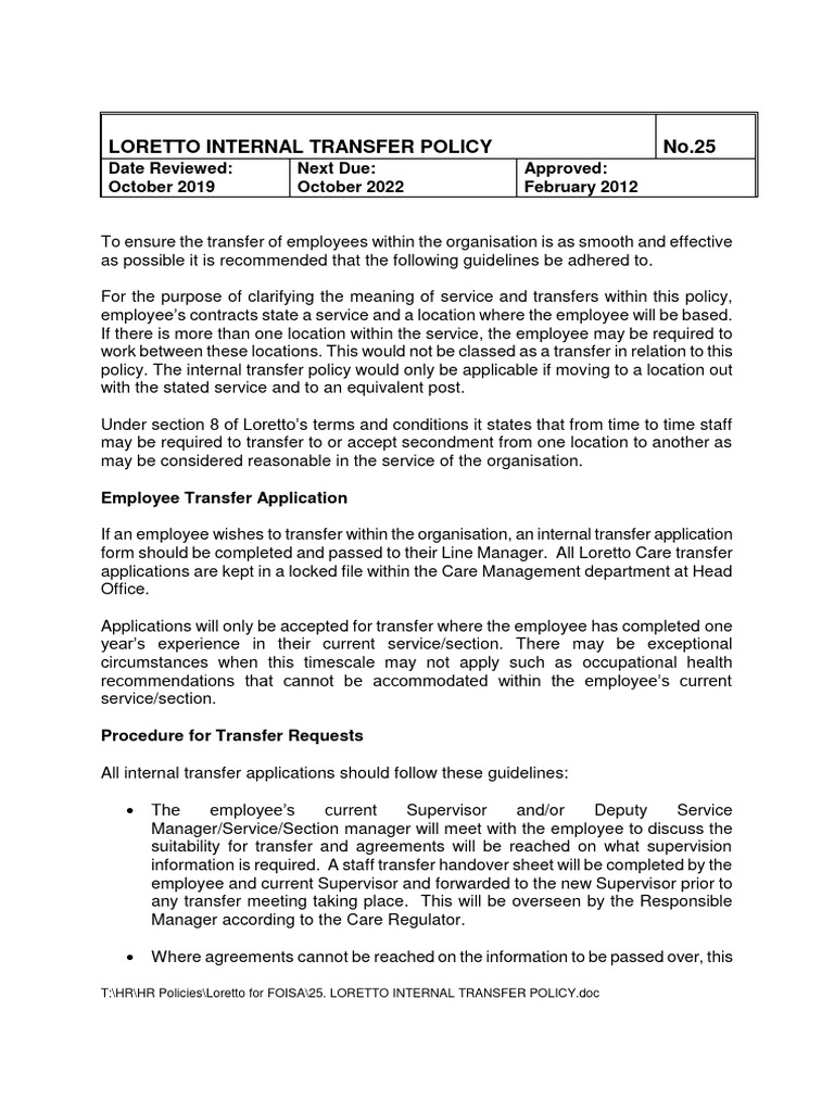 Internal Transfer Policy | PDF | Employment | Salary