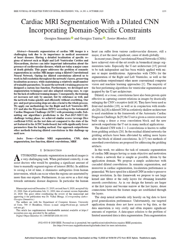 Cardiac MRI Segmentation With A Dilated CNN Incorporating Domain Specific Constraints | PDF