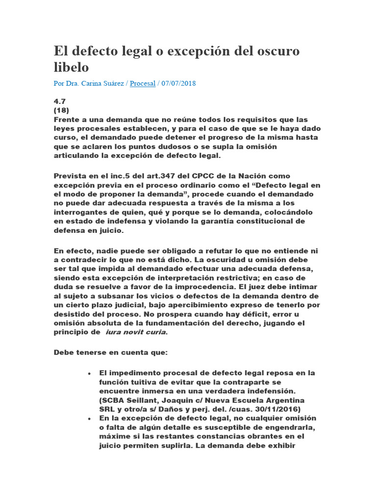 El Defecto Legal o Excepción Del Oscuro Libelo | PDF | Demanda judicial ...