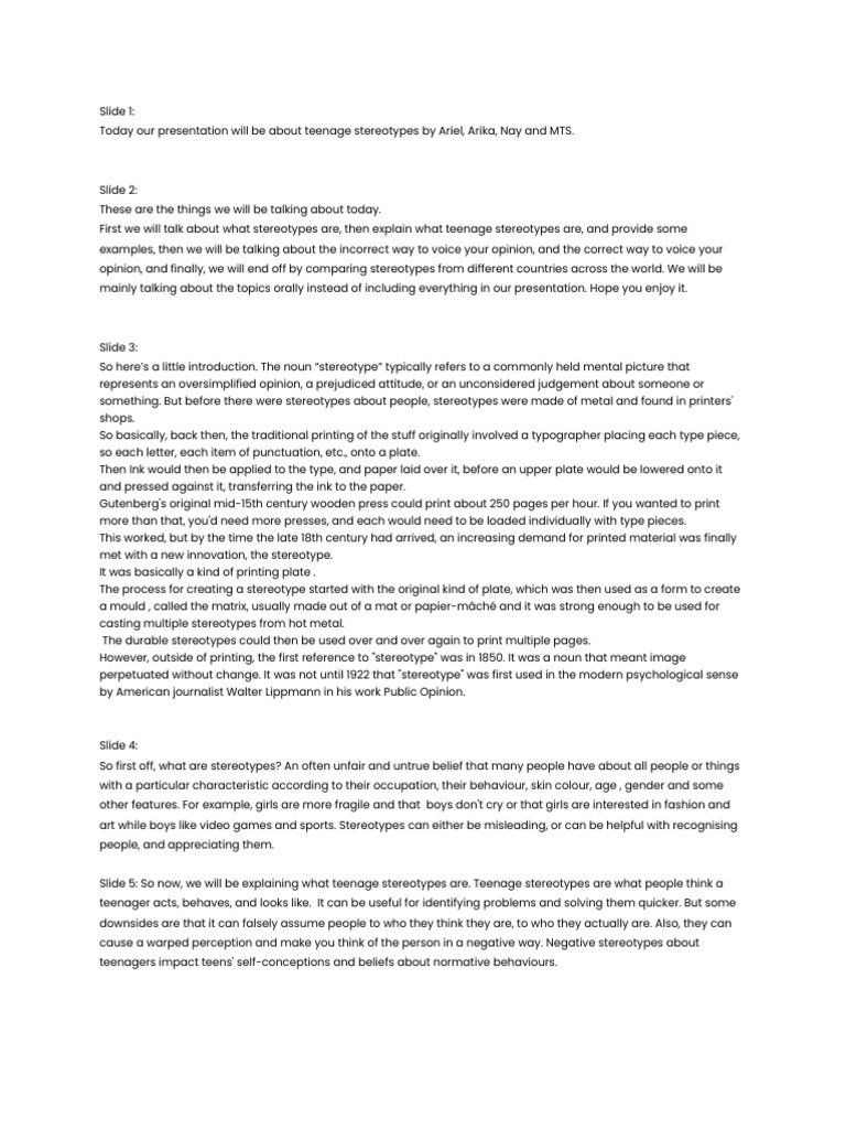 Teenage Stereotype Project Script | PDF | Printing | Stereotypes