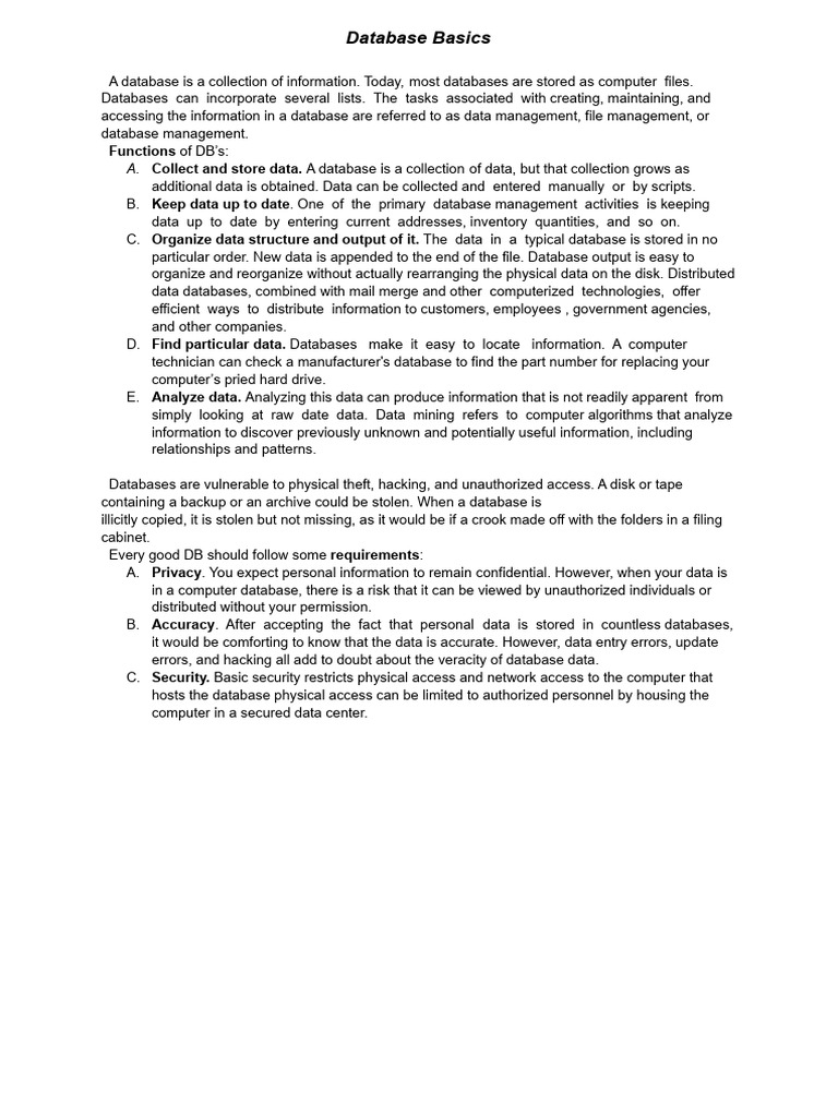 Database Basics | PDF | Databases | Computer File