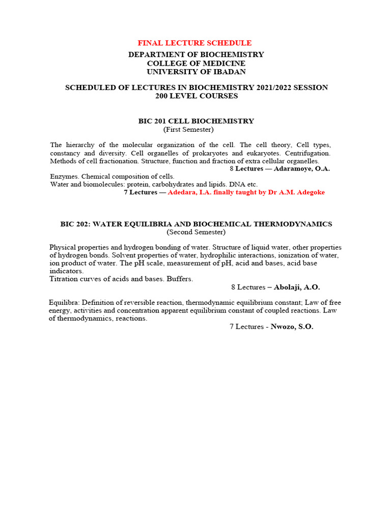 Biochemistry Lecture Schedule 2021/2022 | PDF | Metabolism | Dna
