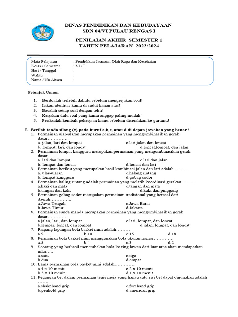 Soal PAS PJOK Kelas 6 | PDF